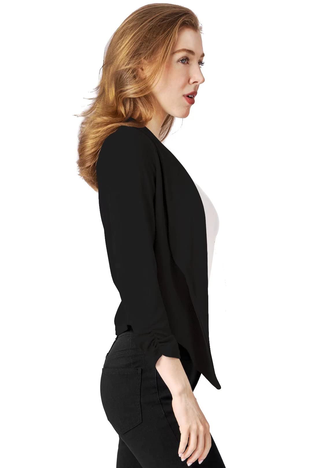 Hybrid & Company Lightweight Open Front Cardigan Classic Ruched Sleeve Work Office Blazer Suit Jackets Black