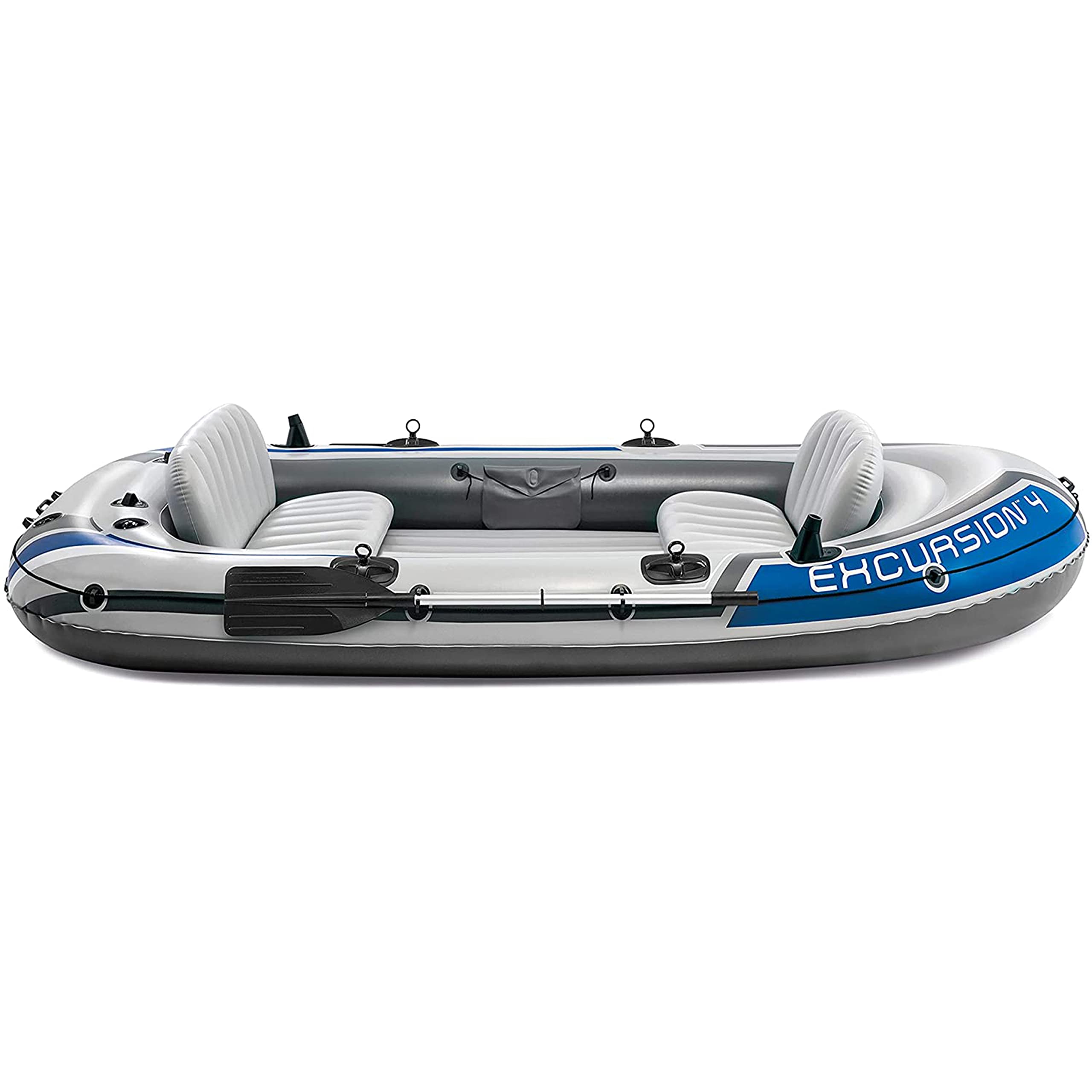 INTEX 68324EP Excursion 4 Inflatable Boat Set: Includes Deluxe 54in Boat Oars and High-Output Pump β Adjustable Seats with Backrest β Fishing Rod Holders β 4-Person β 1100lb Weight Capacity
