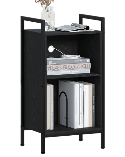 Yusong 3 Tier End Table, Tall Side Table With Storage Cabinets, Bedside Table Nightstand Small Bookcase for Small Space in Living Room, Bedroom, Office, Oak Black