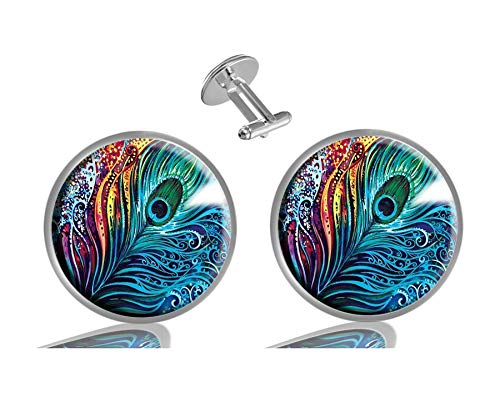 LCTCKP Custom Personality Men's 2PCS Fashion Dazzling Shirt Cuff links Initial Silver Round Wedding Cufflinks (Peacock Feather)