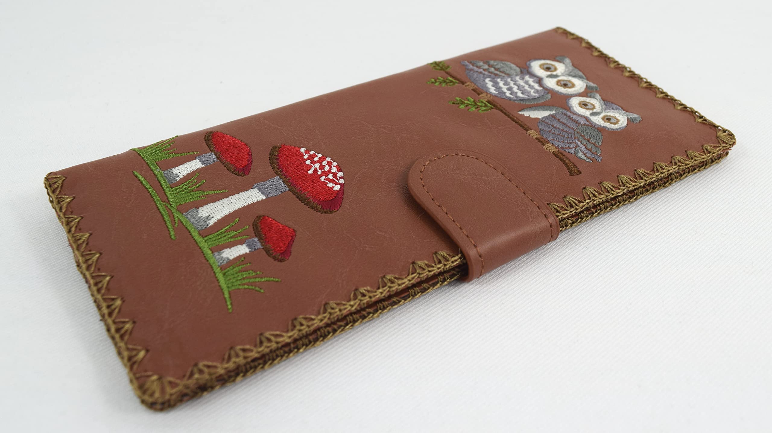 Skelapparel Embroidered Owl Couple and Mushroom Faux Leather Large Flat Wallet by Lavishy (Green)