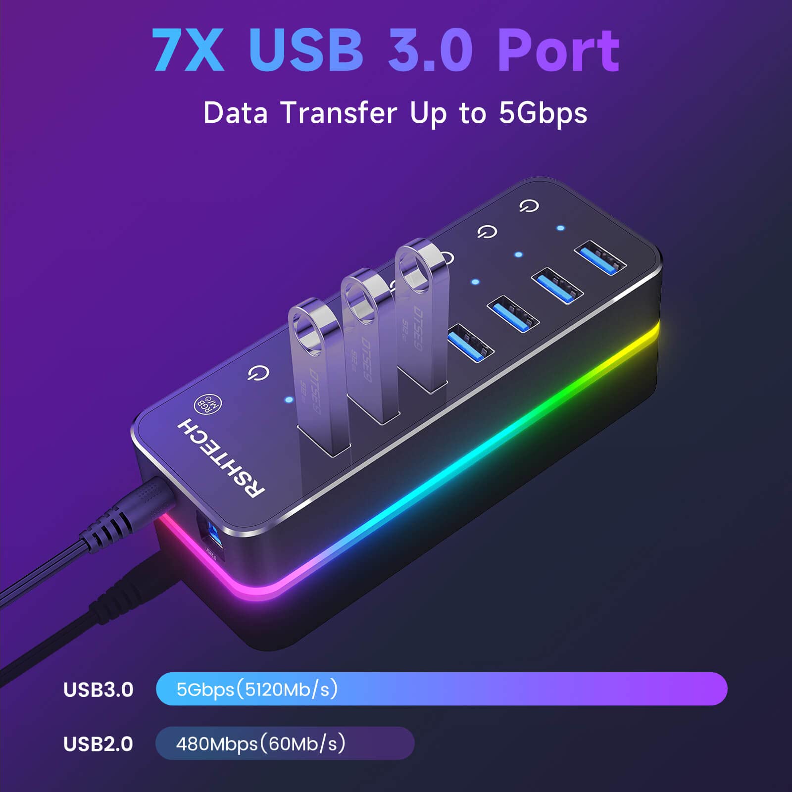 Powered USB Hub, RSHTECH RGB 7 Ports USB 3.0/USB C Hub with 14 Mode RGB LED Strip, Individual Touch Switches, 3.3ft Cable and 5V/4A Power Adapter, Aluminum Gaming USB Hub for PC and Laptop, RSH-518R