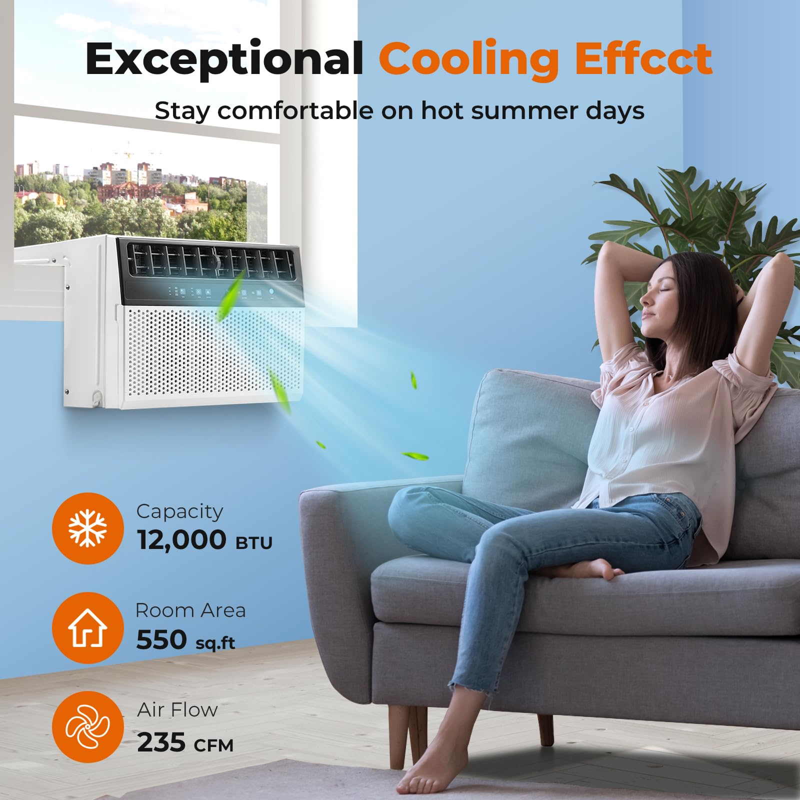R.W.FLAME Window Air Conditioner 12,000 BTU, 6 in 1 U Shaped Window AC unit with Remote Control, Fast Cooling Up to 550 Sq.Ft. Thermostat Control/Timmer/Energy Saving,White