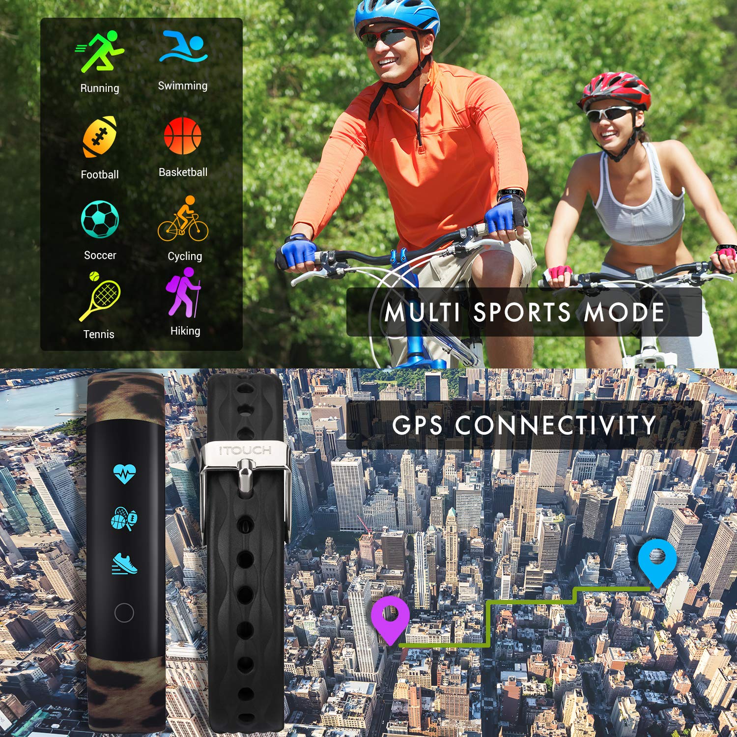 iTouch Slim Fitness Tracker with Heart Rate Monitor, Step Tracker, Calorie Tracker & Sleep Tracker. Waterproof Fitness Watch for Women & Men, Android & iOS, Leopard Print/Black Interchangeable Straps
