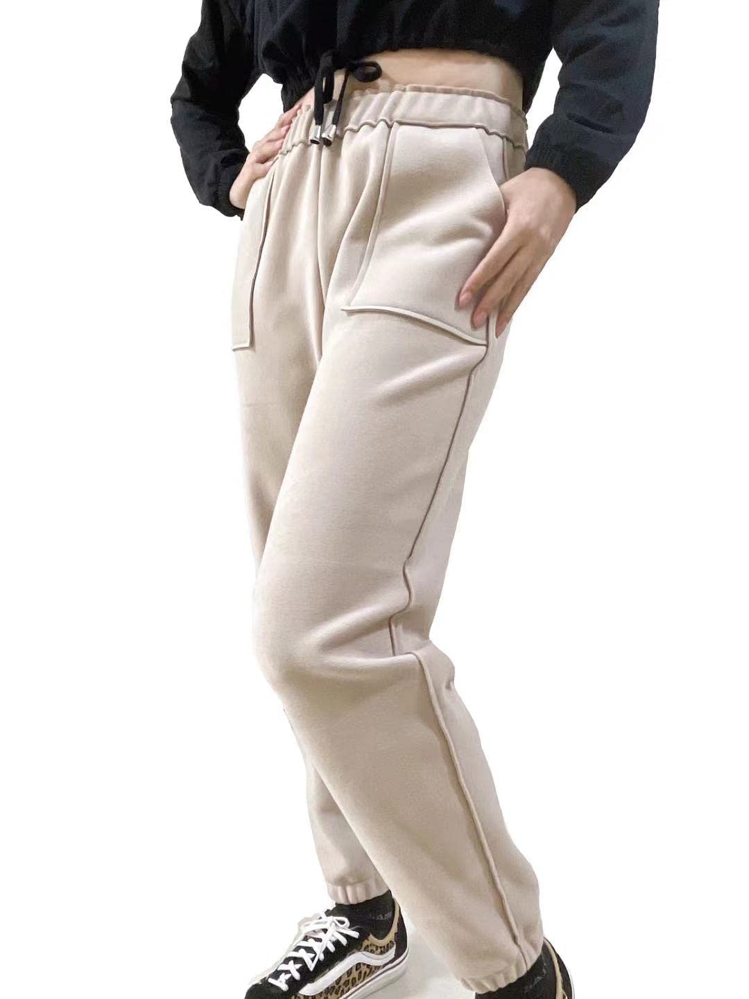 MOMOALWAYS Fit Joggers for Women with Pocket Comfy Elastic Waist Sweatpants Outdoor Lounge Trousers (as1, Alpha, m, l, Regular, Regular) Beige