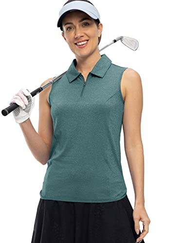 YSENTO Women's Golf Polo Shirts Tops Sleeveless Collared 1/4 Zip Dry Fit UV Protection Sun Shirts Denim Blue XL