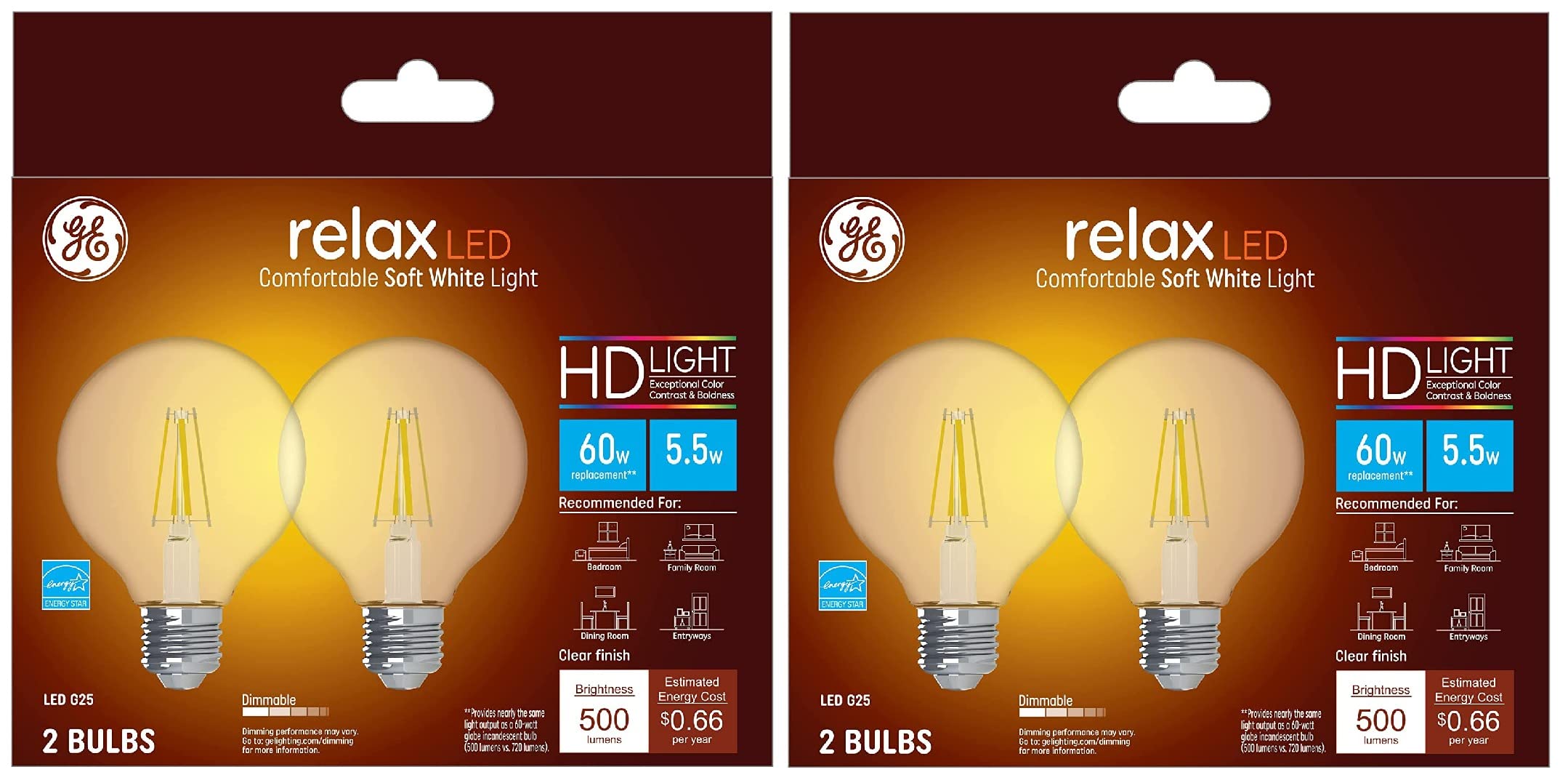 LED Relax Globe Light Bulbs, Clear Soft White, 500 Lumens, 5.5-Watts, 2-Pk.