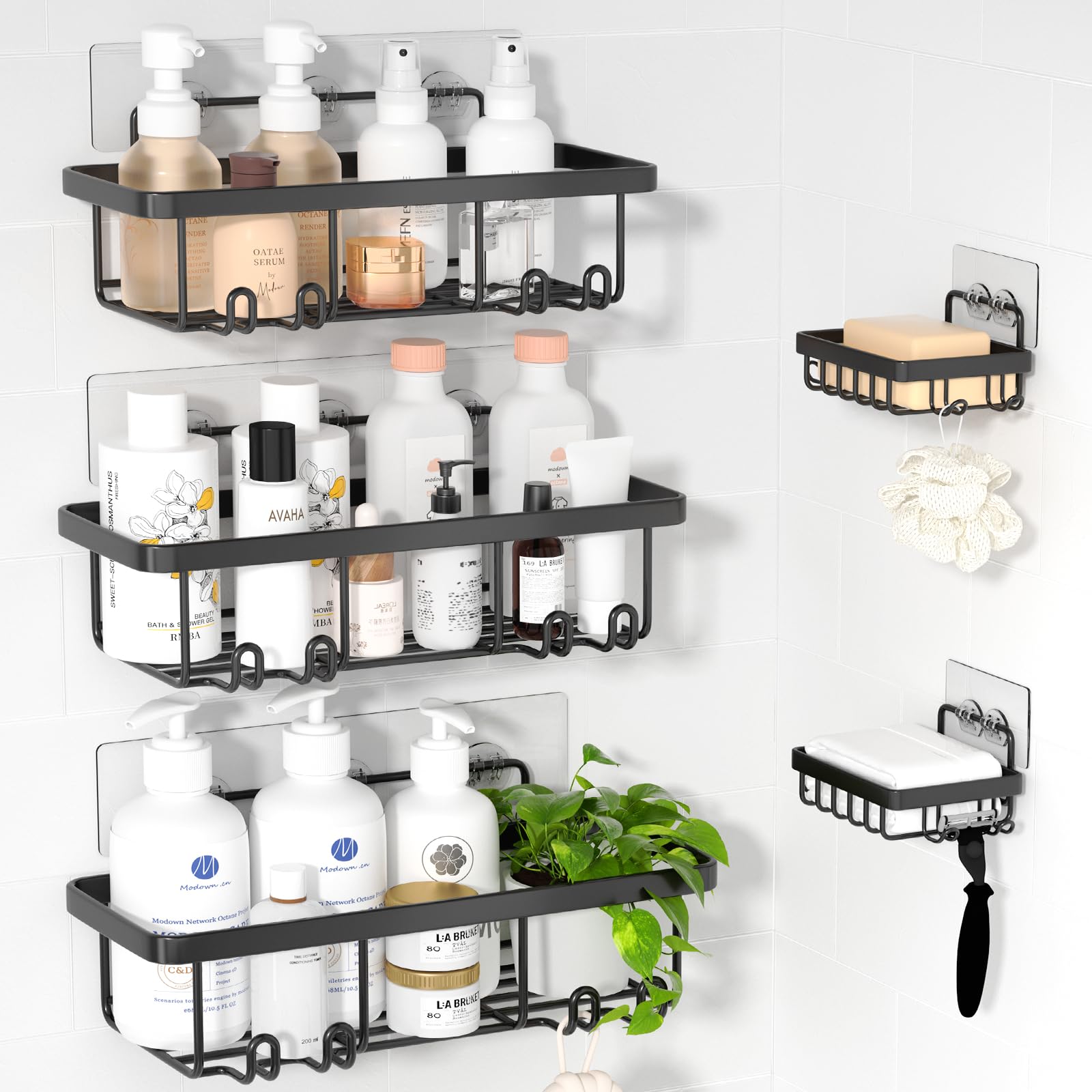 ksdenuov Shower Caddy 5 Pack, Shower Organizer, Self-Adhesive Shower Shelves, No-Drilling Shower Rack, Large Capacity, Rustproof, Shower Shelf for Inside Shower - Black