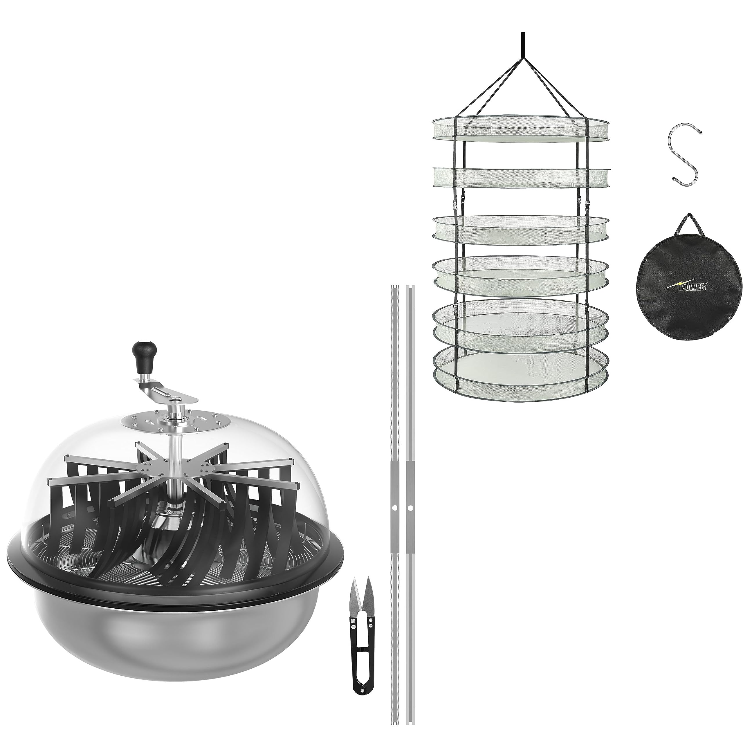 iPower Bud Leaf Bowl Trimmer 19" with Sharp Stainless Steel Blades, Twist Spin Cutting and 3ft 6-Layer Detachable Herb Drying Rack for Buds, Leaves, Flowers, Hydroponics Plants
