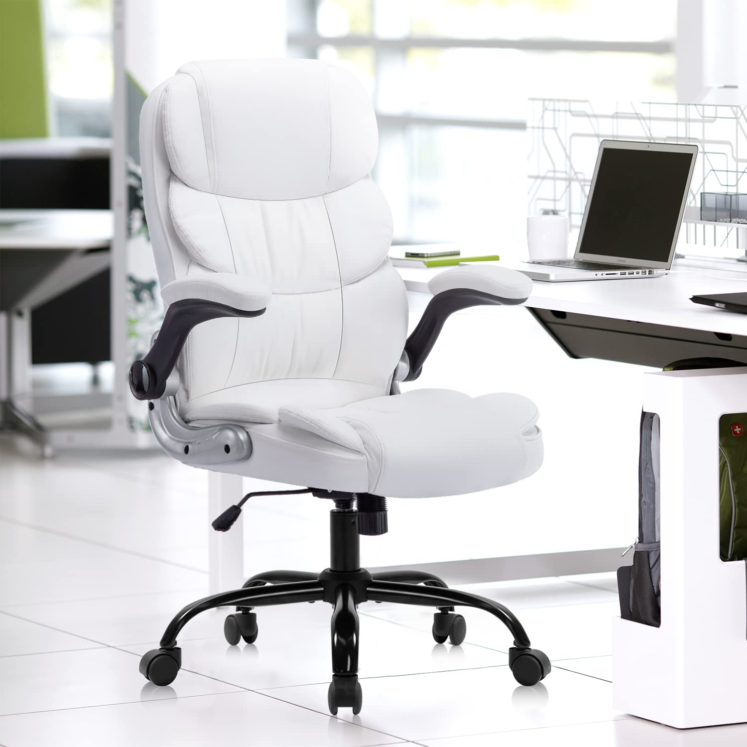 KERMS High Back Office Chair PU Leather Executive Desk Chair with Padded Armrests,Adjustable Ergonomic Swivel Task Chair with Lumbar Support (white2)