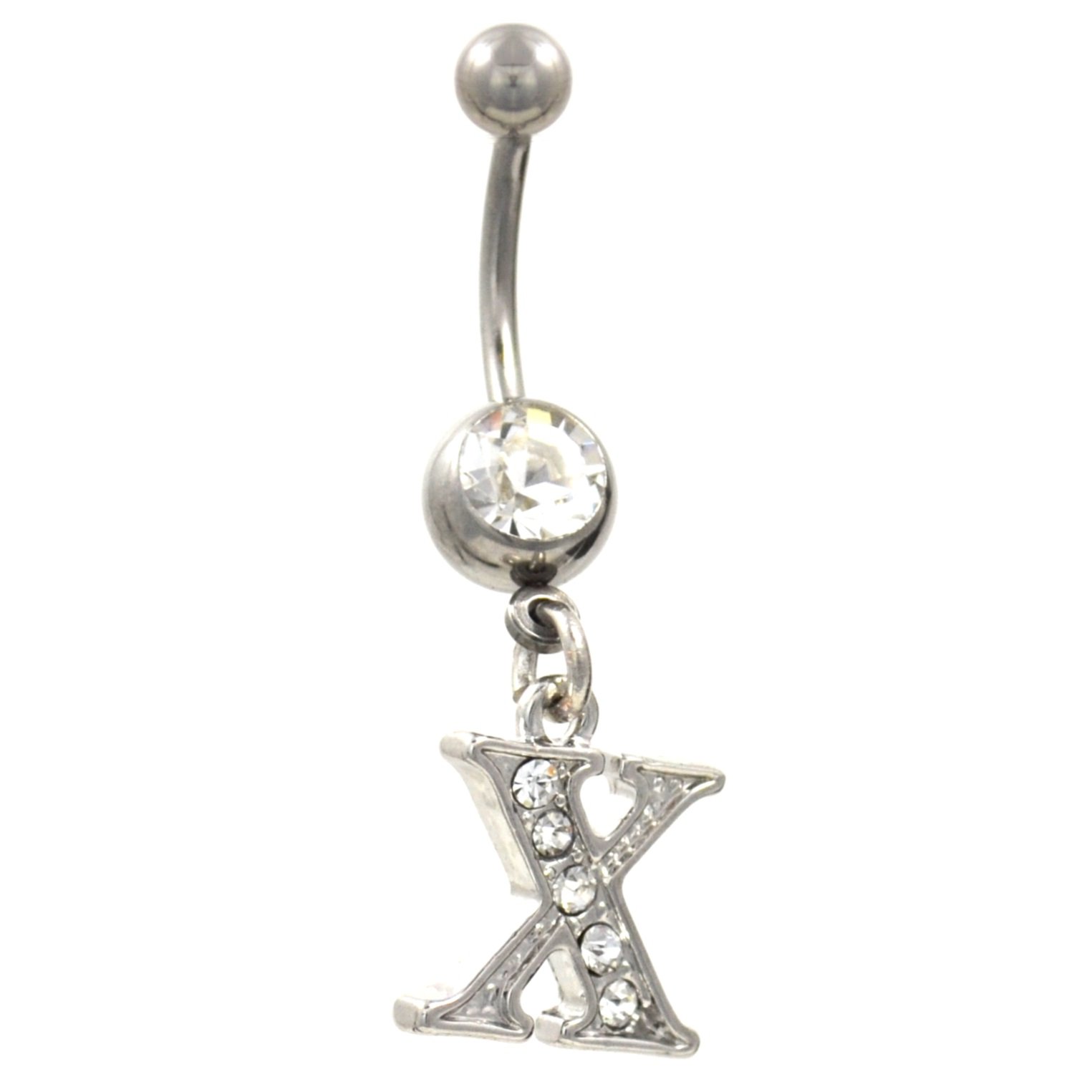 Initial Letter X Clear Gem Decorated Belly Button Ring
