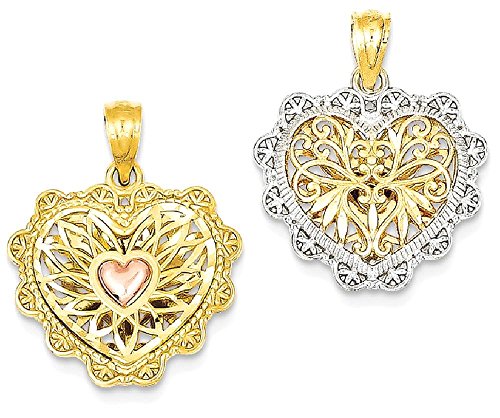 IceCarats 14K Two Tone Gold White Reversible Antique Filigree Heart Necklace Love Pendant Charm Only