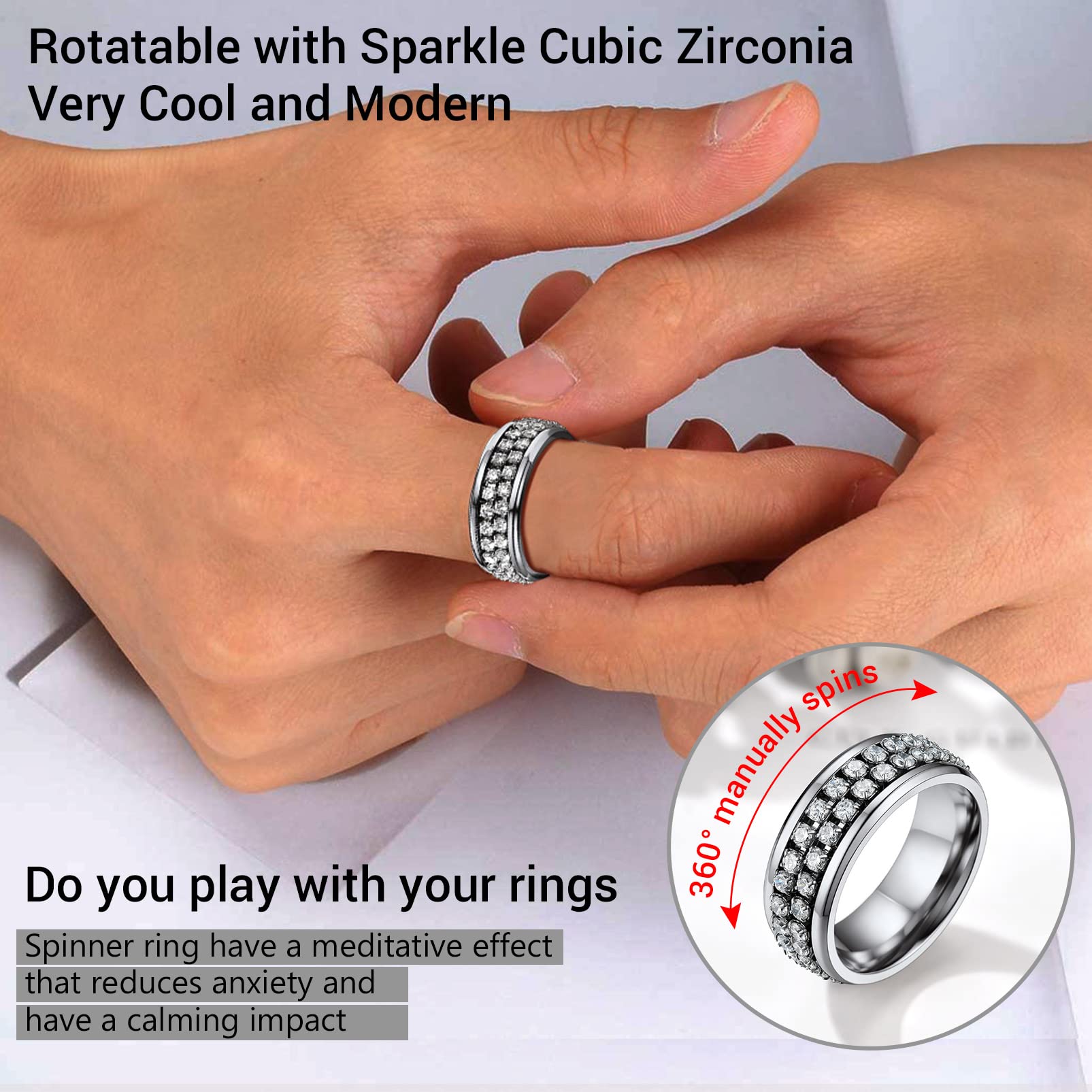 PROSTEEL Stainless Steel Spinning Pinky Ring Size 8 Cubic Zirconia Anxiety Chunky Ring Fidget For Women Men