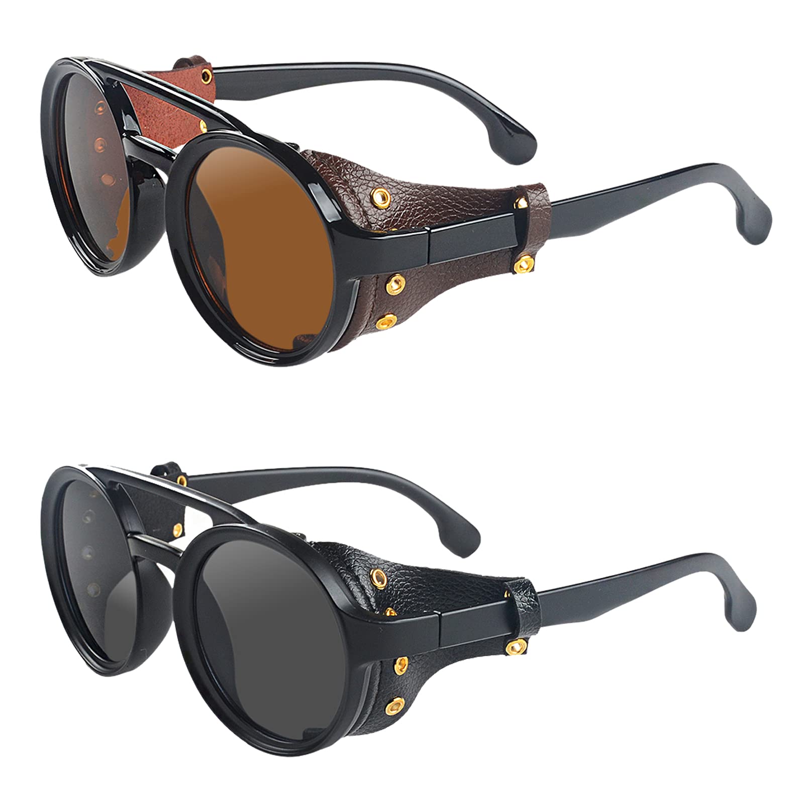 KEITHION Steampunk Style Round Vintage Sunglasses Retro Eyewear For Men Women With Leather Side Glasses (2pack-oneblack+onebrown)