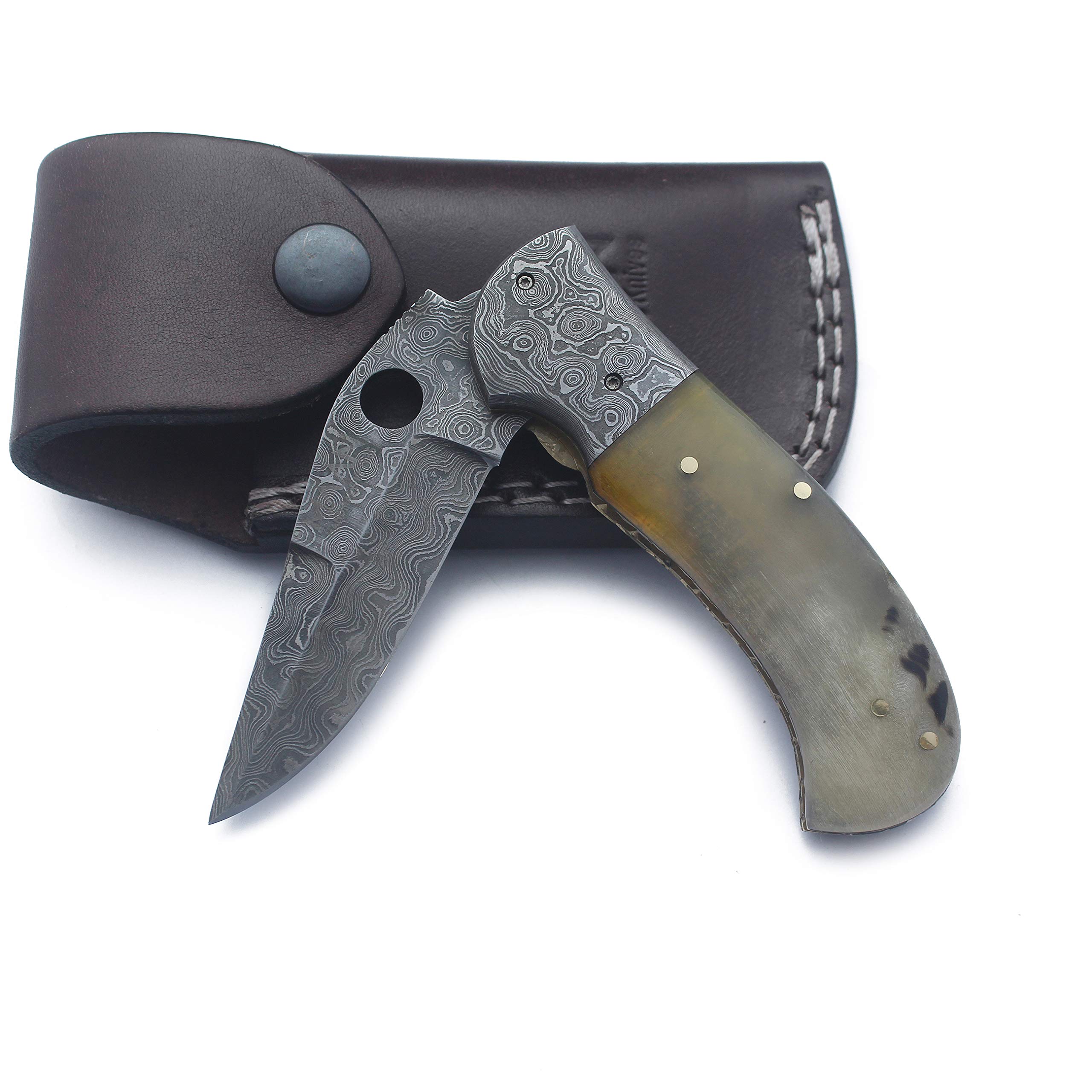 MAAN Handmade Damascus Tactical Folding Pocket Knife Sheep Horn Handle Damascus Steel with leather sheath for hunting, survival gear & EDC MNK 301