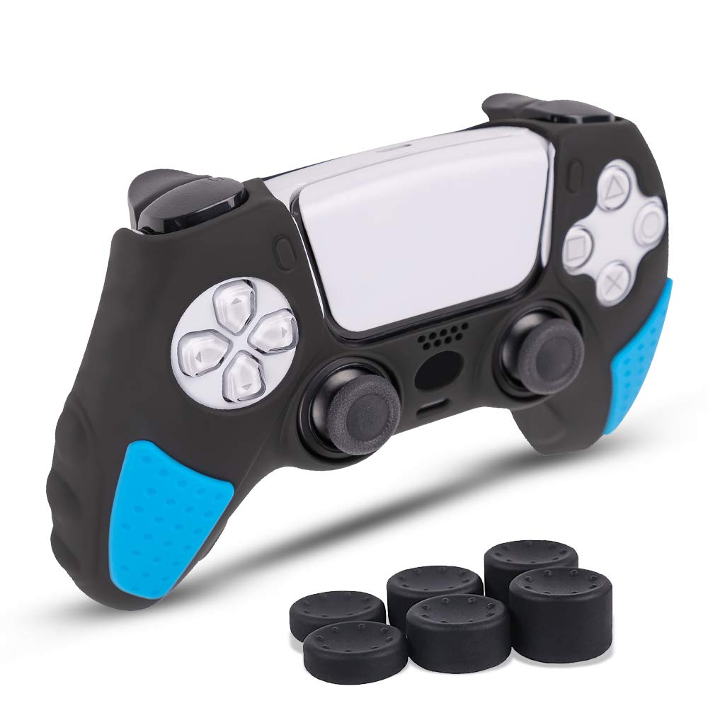 Junfire PS5 Controller Cover, Anti Slip Sweat-Absorbent Soft Controller Skin for Playstation 5 DualSense Remote with 6 Thumb Grips, PS5 Controller Accessories Set-BlackBlue