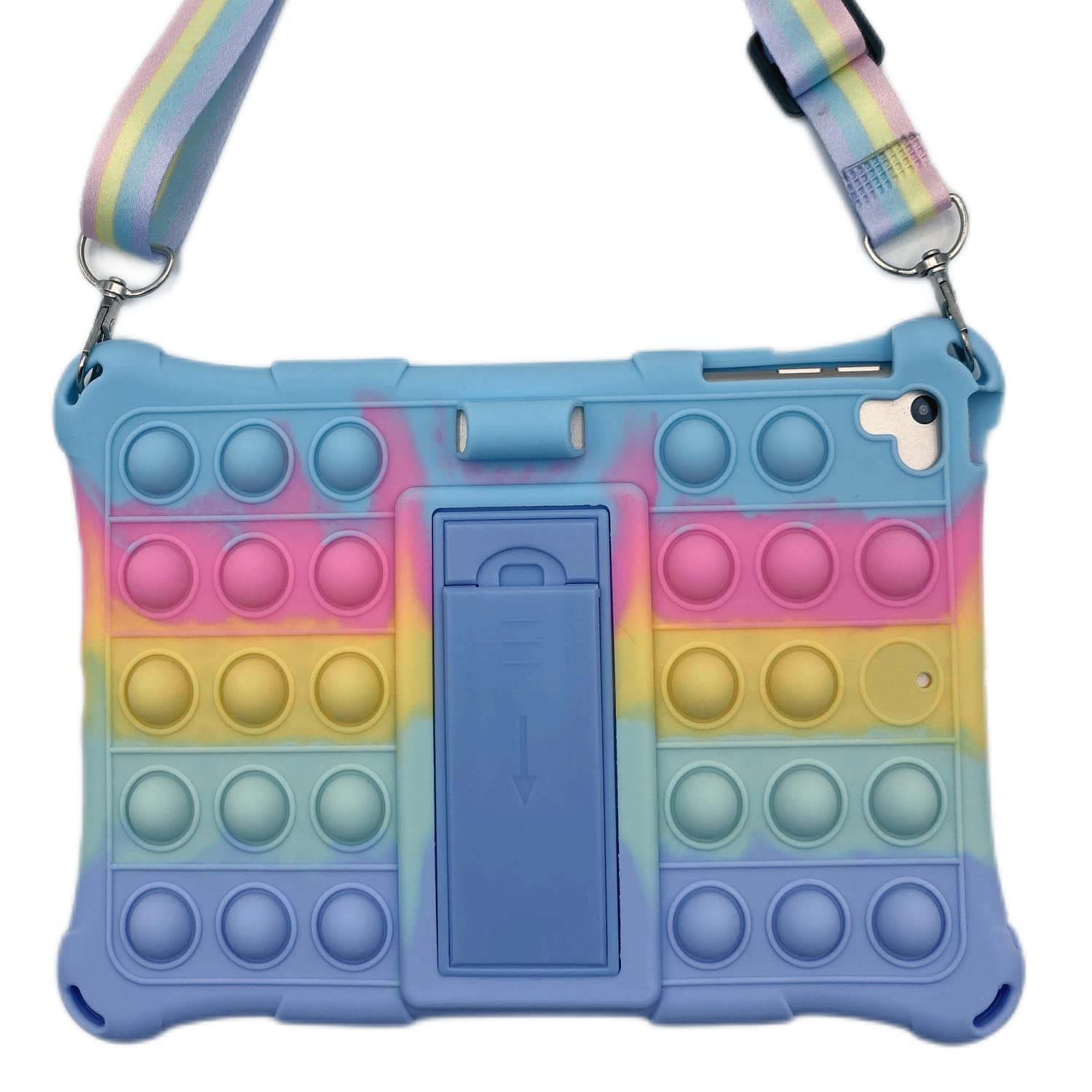 IPad Mini 5 4 3 2 1 Case 7.9 inch, UFAINEI Cute Silicone Cases for Apple IPad Mini 12345 Protective Cases with Pencil Holder Kickstand and Detachable Shoulder Strap-Rainbow Blue