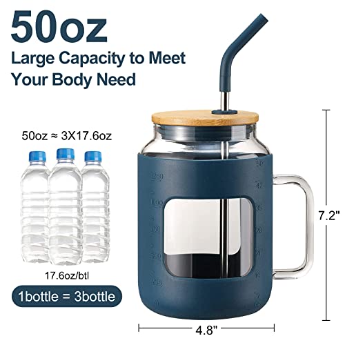 Ochine 50 Oz Glass Tumbler with Bamboo Lid and Straw, Glass Water Bottles with Handle and Silicone Protective Sleeve, Coffee Mug Tea Cup BPA Free Reusable Drinking Glasses with Time Marker