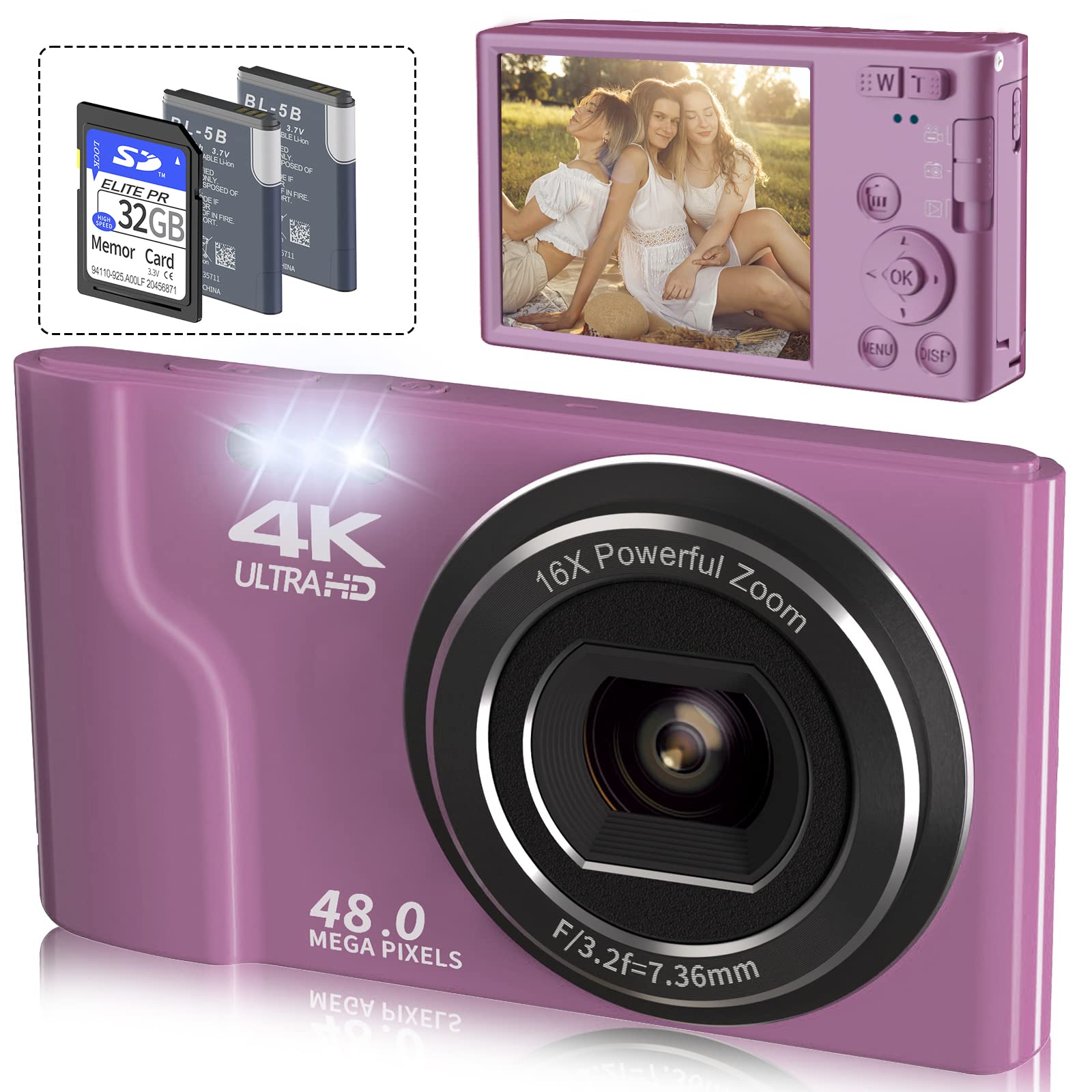 Saneen Digital Camera, 4K Cameras for Photography & YouTube, 48MP Small Compact Digital Camera for Teens, Kids,Elder,Beginners,16X Digital Zoom,with 32GB SD Card - Pink