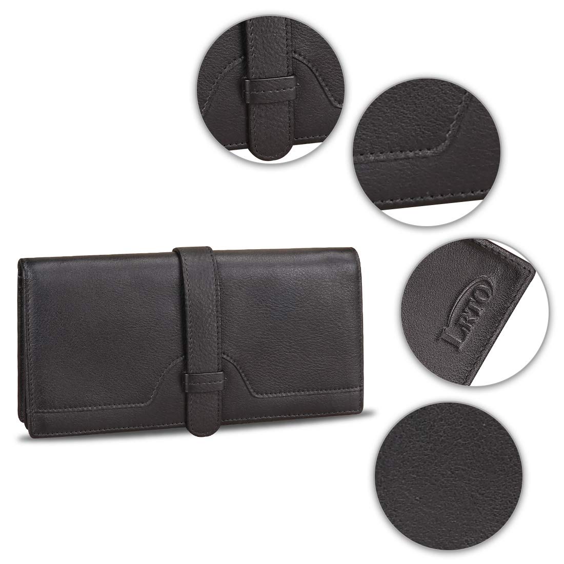LRTO Genuine Leather Purse Wallet for Women RFID-Blocking Retro Handmade Clutch Wallets Money Clip Card Organizer (Black)