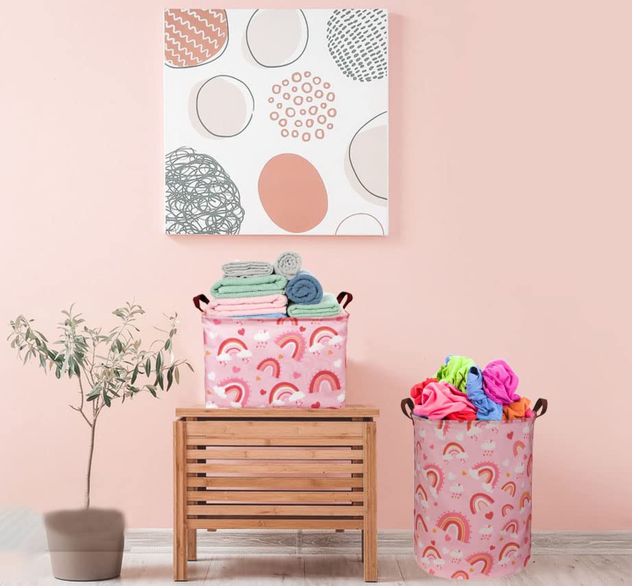 Sanjiaofen Pink Hamper,Rainbow Laundry Basket Collapsible Girls Storage Baskets for Kids Room Decor,Toy Organizer,Gift Hamper(Pink hamper) …