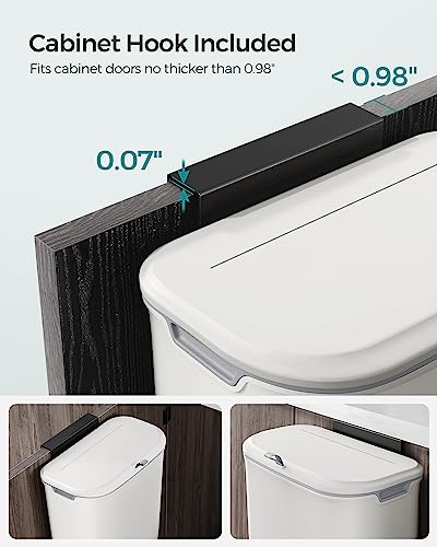 SONGMICS Hanging Trash Can, 2.4-Gallon Kitchen Trash Can with Lid for Food Waste, Wall Mounted Trash Can, Hanging or Sticking on Cupboard Door, for Kitchen Cabinet, Under Sink, White ULTB820W9