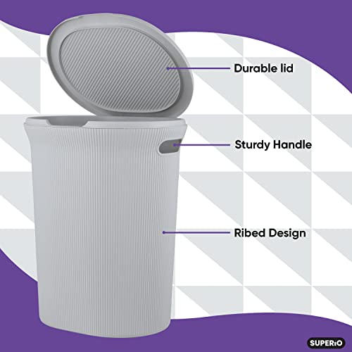 Superio Ribbed Collection - Decorative Plastic Laundry Hamper with Lid and Cut-Out Handles, White Smoke (1 Pack) Basket Organzier for Bedroom Bathroom College Dorm Room 40 Liter