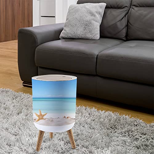 Small Trash Can with Lid Summer Beach with strafish and Shells 7 Liter Round Garbage Can Elasticity Press Cover Lid Wastebasket for Kitchen Bathroom Office 1.8 Gallon