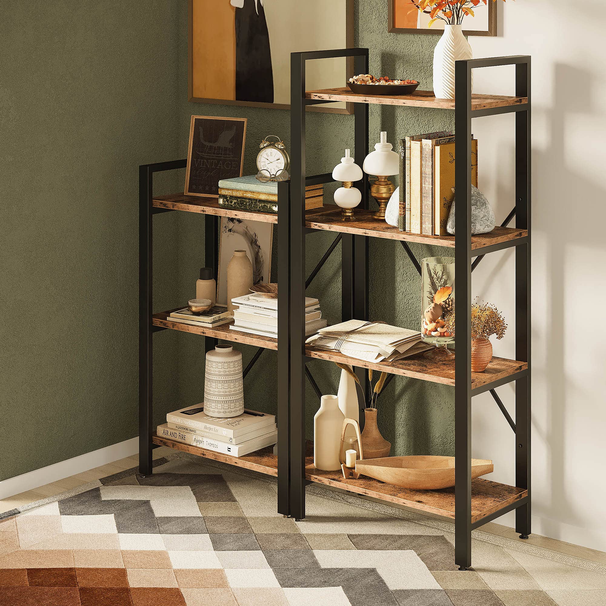 IRONCK Bookshelf Industrial Bookcase Home Decor, Wood Look Accent Furniture Metal Frame