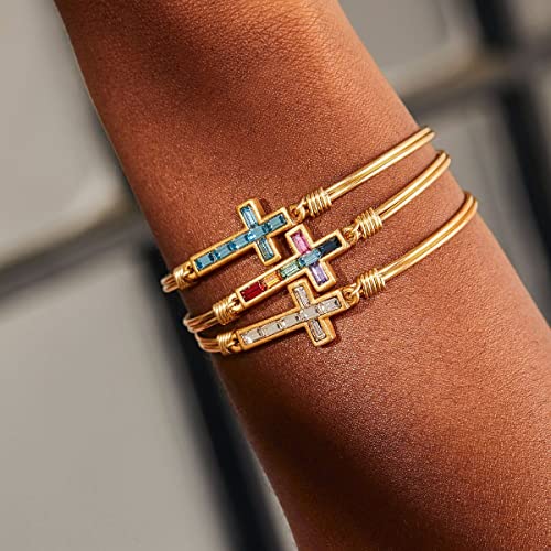 Luca + Danni Baguette Cross Bangle Bracelet in Aquamarine For Women - Silver Tone Regular Size Made in USA