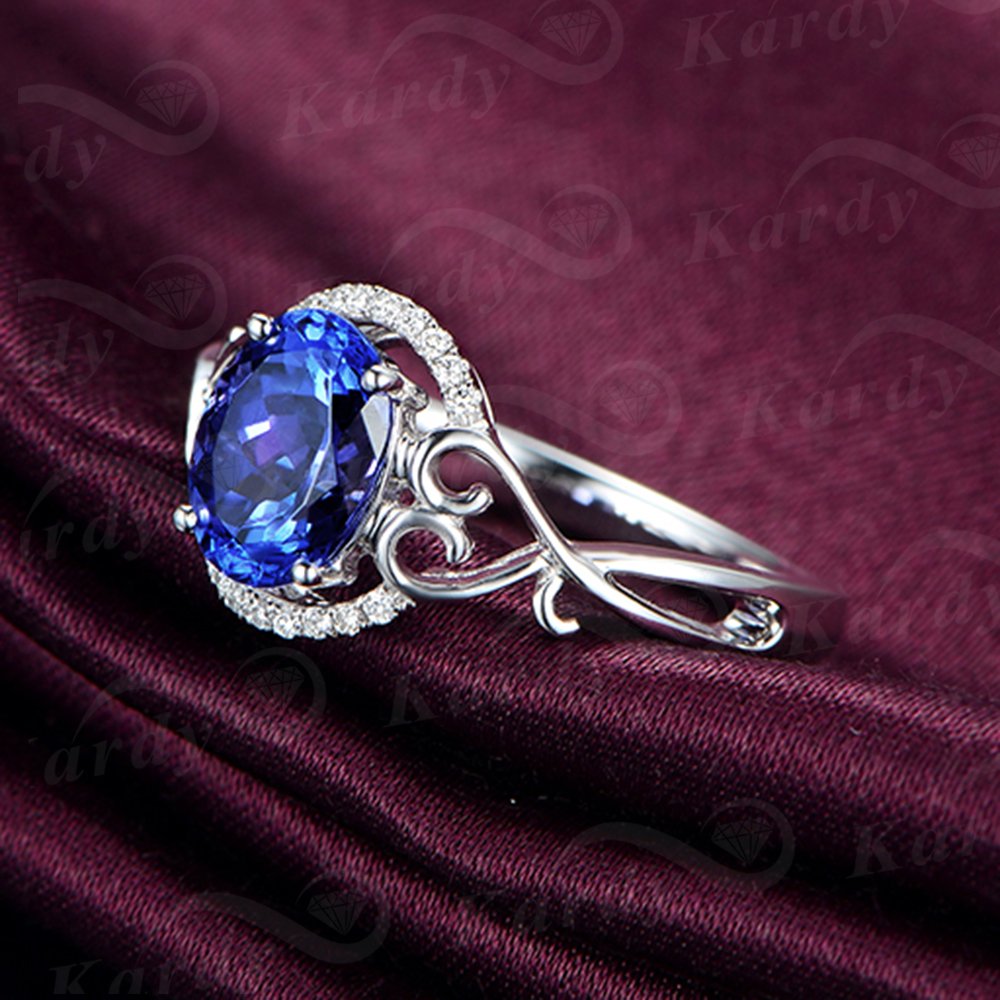 Kardy Fashion Solid 14K White Gold Genuine Tanzanite Gemstone Wedding Engagement Band Ring Sets for Women