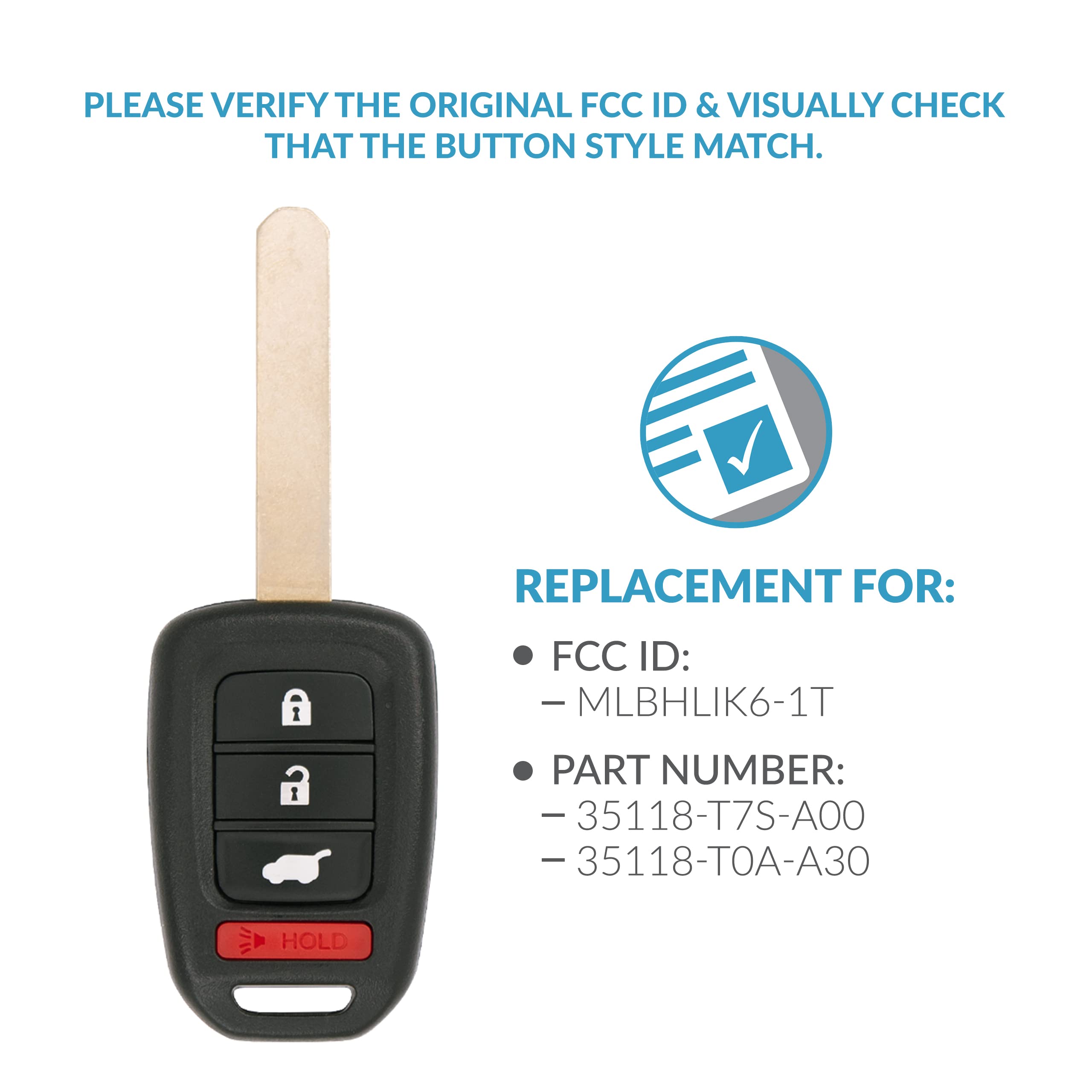 Keyless2Go Replacement for Keyless Entry Remote Car Key Fob for Select Honda CRV & HRV Vehicles That use 35118-T7S-A00 35118-T0A-A30