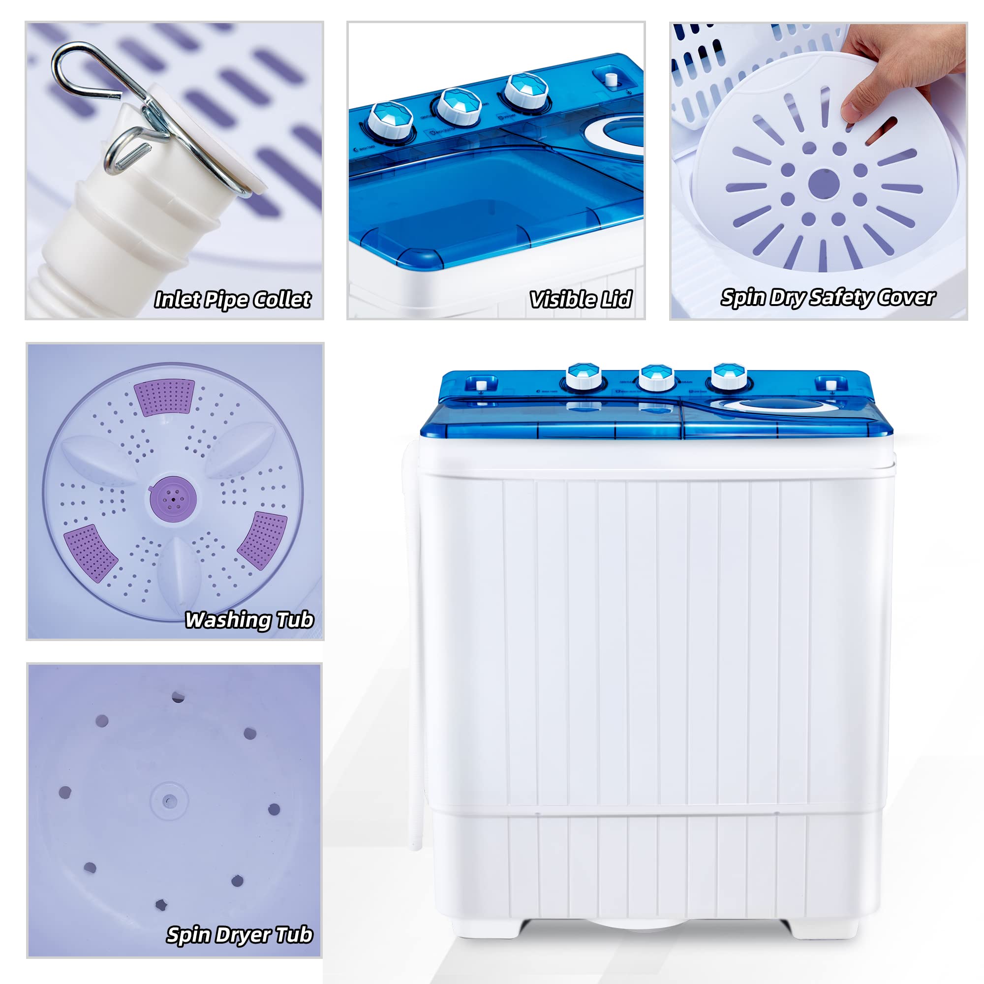 Kumcahom Portable Washer 26Lbs Capacity Washing Machine and Dryer Combo Twin Tub Laundry Washer(18Lbs) & Spinner(8Lbs) with Built-in Gravity Drain Pump,for Apartment,Dorms,RV Camping (BLUE+WHITE)