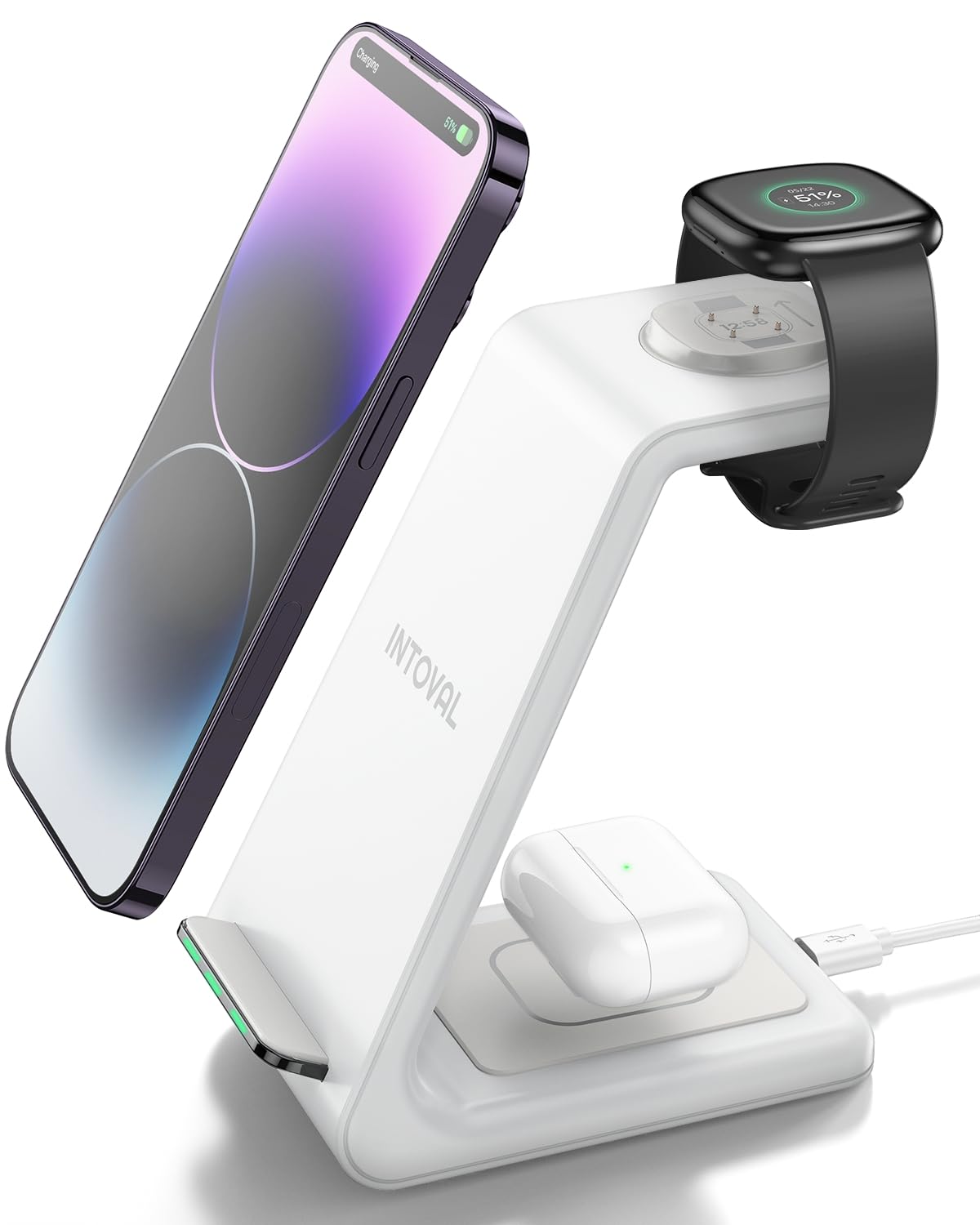 Intoval 3 in 1 Wireless Charger for Fitbit Versa 3/4, Sense 2/1, iPhones, Samsung S and Note, Airpods Pro 2/1, Galaxy/Pixel Buds +/Live and Other Wireless Charging Phones or Earbuds (V3, White)