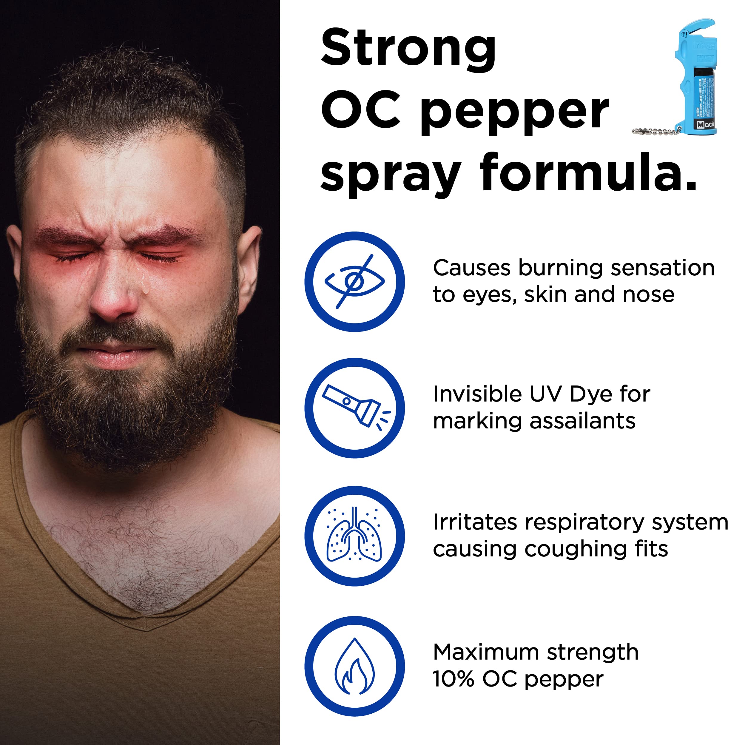mace Brand Triple Action Pocket Pepper Spray (Neon Blue) β 10β Pepper Spray with 3-in-1 Formula, Flip Top Safety Cap, Leaves UV Dye on Skin β Self Defense Pepper Spray for Women, Made in The USA