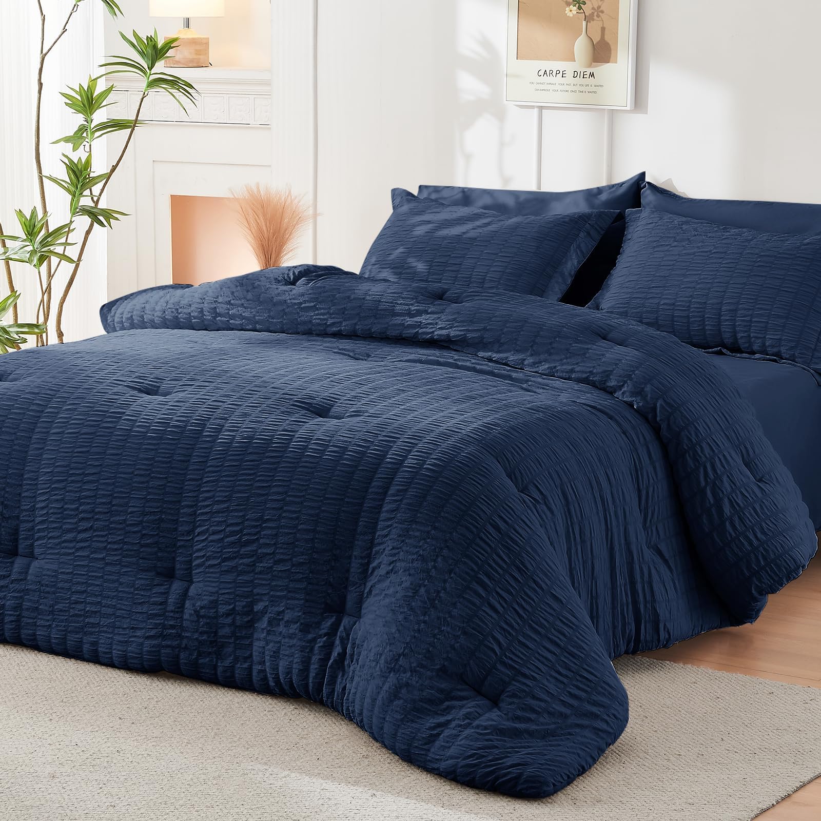 HYMOKEGE Navy Blue Full Size Comforter Sets Seersucker 7 Pieces, All Season Luxury Bed in a Bag for Bedroom, Bedding Set with Comforters, Sheets, Pillowcases & Shams