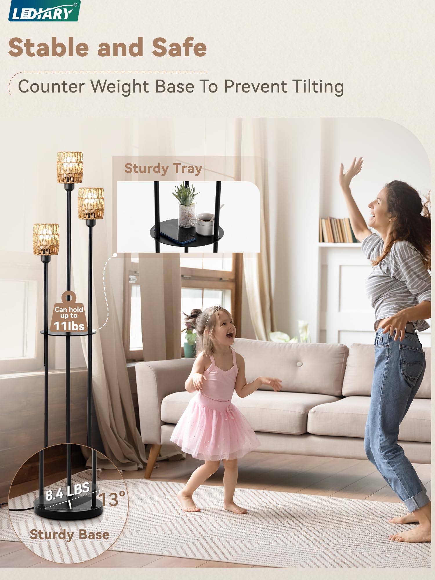 LEDIARY 65" Boho Floor Lamp for Living Room Rattan Floor Lamp with Shelves, 3 LED Bulbs Included Standing Lamp, Floor Lamp for Living Room, Bedroom, Office