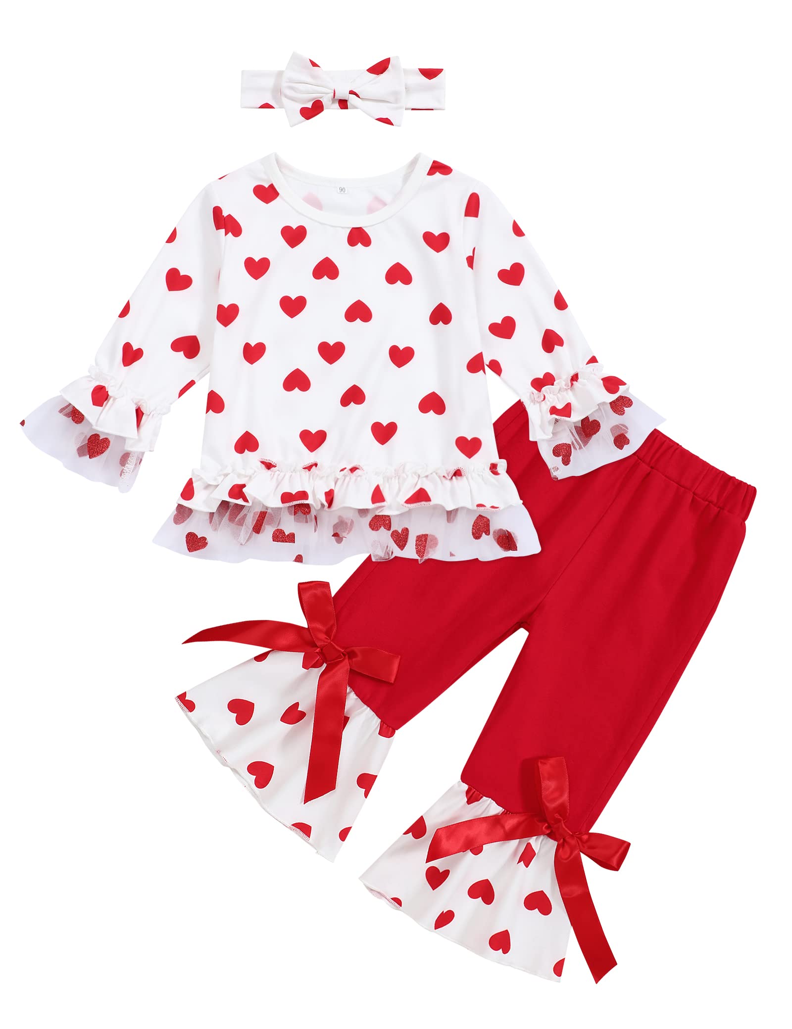Toddler Baby Girl Valentine's Day Outfit Long Sleeve Ruffle Heart Printed Top Bell Bottom Pants Headband 3Pcs Set