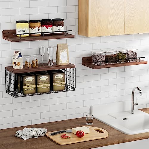 Xeapoms Floating Shelves with Wire Storage Basket, Wall Mounted Bathroom Shelves Over Toilet with Metal Guardrail, Rustic Wood Wall Shelf for Bathroom Decor,Bedroom,Living Room,Kitchen β Rustic Brown