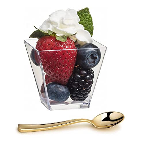 zappy 2 oz 100 Ct Mini Dessert Cups with Gold Spoons Square Mini Dessert Cups Dessert Glasses 2oz Clear Mini Cube Appetizer Bowls Tasting Sample Shot Glasses Disposable Plastic Cups