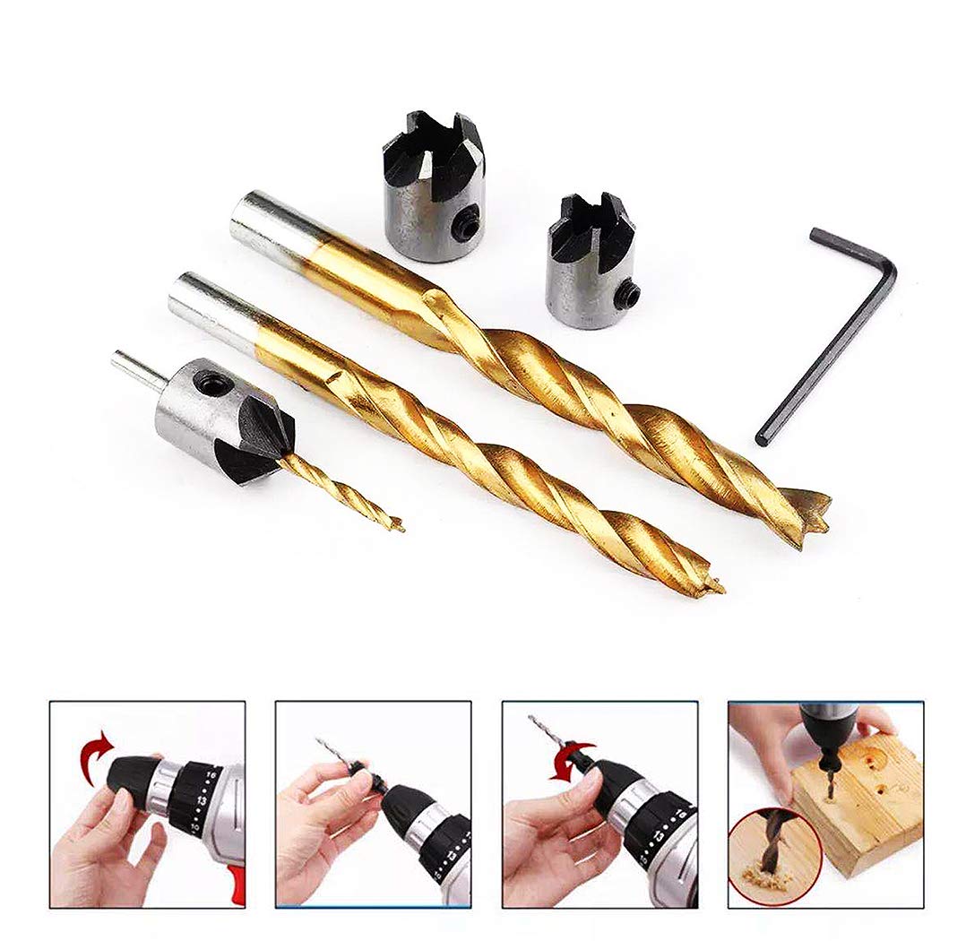 Tomato Palace Countersink Drill Bit Set 7 PCS Titanium Coated Counter Sinker Drill Bit Set for Wood High Speed Steel, Woodworking Carpentry Reamer Tool Set with Hex Key Wrench