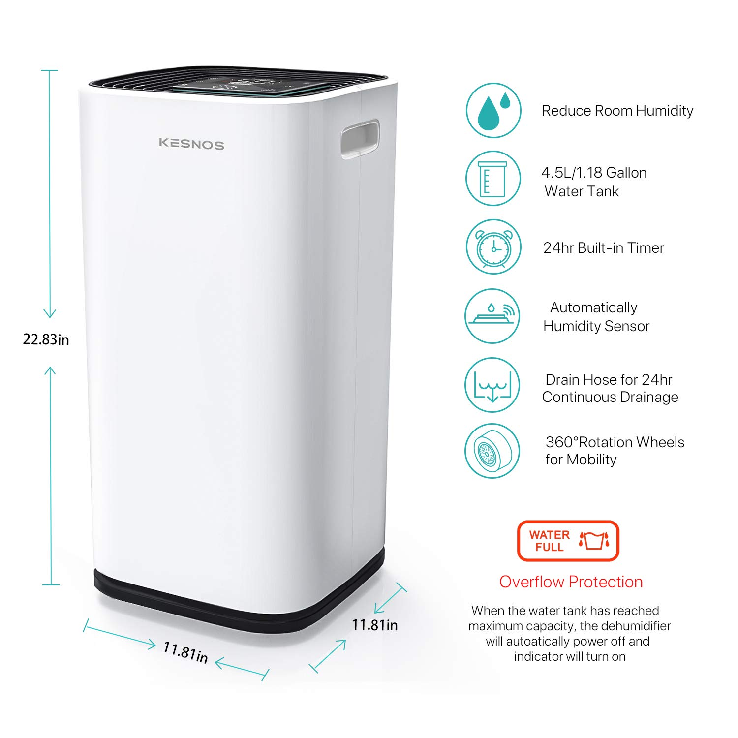 Kesnos 4500 Sq. Ft Dehumidifier for Home and Basements, with Drain Hose, Timer, Child Lock, Update Version