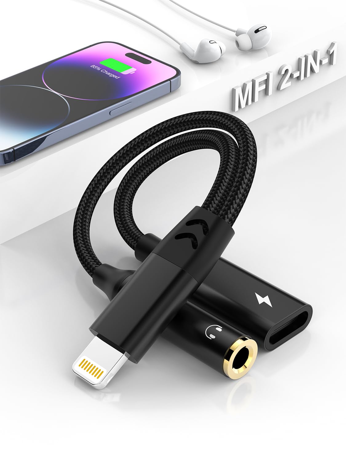 iPhone Headphone and Charger Adapter 2-in-1 Lightning to 3.5mm AUX Audio + Lightning Charger Splitter Dongle for iPhone 14/13/12/11 Pro Max/Pro/Plus/Mini/XR/XS/8/7 Plus Apple MFi Certified Black