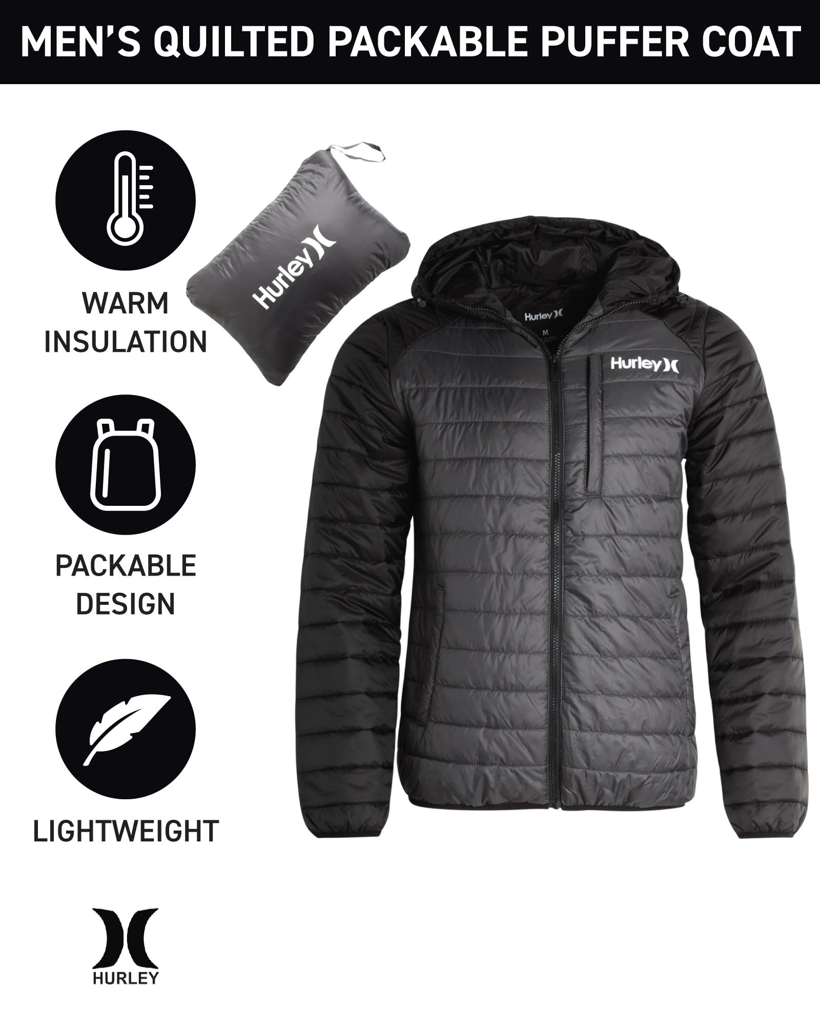 Hurley Men's Jacket - Balsam Lightweight Packable Puffer Coat - Weather Resistant Outerwear Windbreaker Coat for Men (M-XL), Size Medium, Grey Black