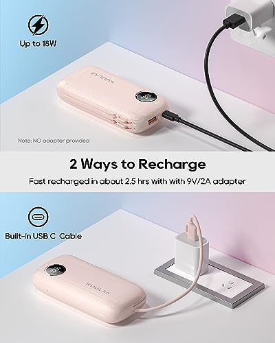 Kuulaa Portable Charger with Built in Cables 10000mAh USB C Power Bank Fast Charging LCD Display Battery Pack Charger Portable 3 Outputs for iPhone Pixel Samsung Android, Pink