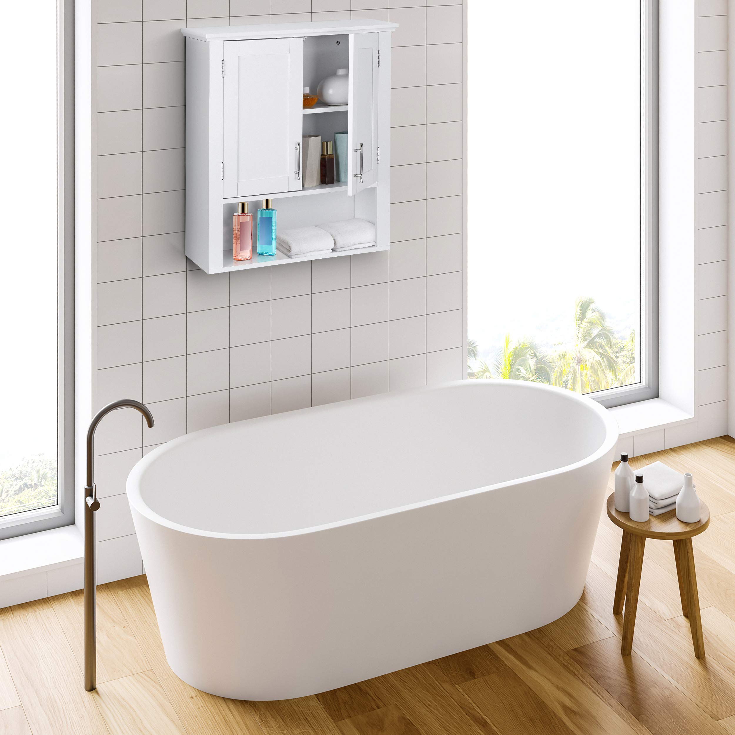 JupiterForce Bathroom Wall Cabinet Over The Toilet with 2 Doors and 3 Adjustable Shelves, Wall Mounted Medicine Cabinet for Bathroom, Living Room, Kitchen, White