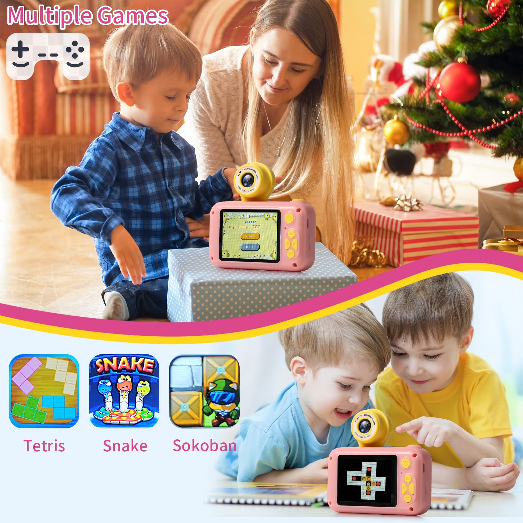 Kids Camera,2.4in IPS Screen Digital Camera,180°Flip Lens Camera,Children Selfie Camera with Playback Game,Christmas/Birthday Gift for 4 5 6 7 8 9 10 11 Year Old Girl Boy (Pink)