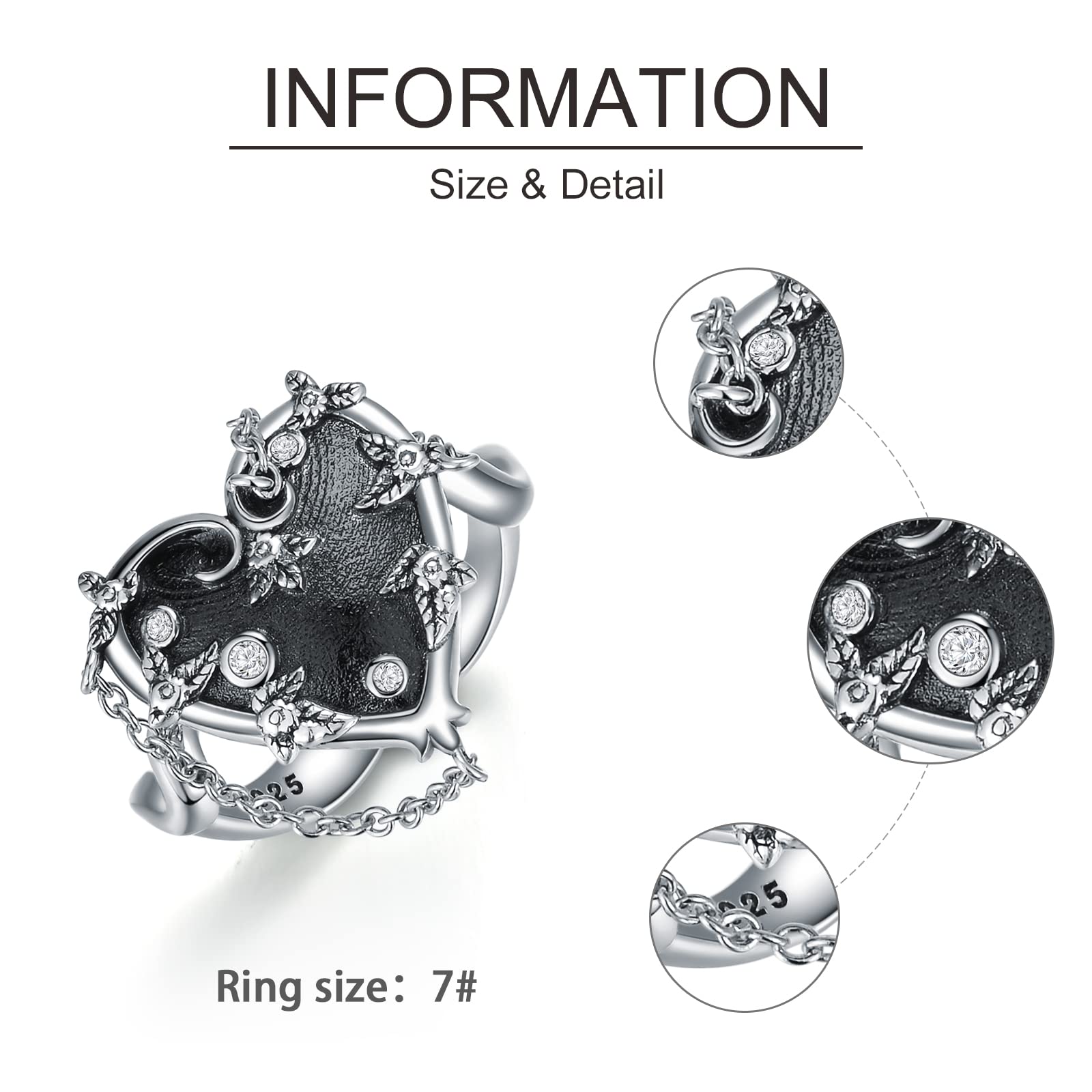 MONGAS Witch Heart Ring 925 Sterling Silver Gothic Jewelry Goth Halloween Gifts for Women