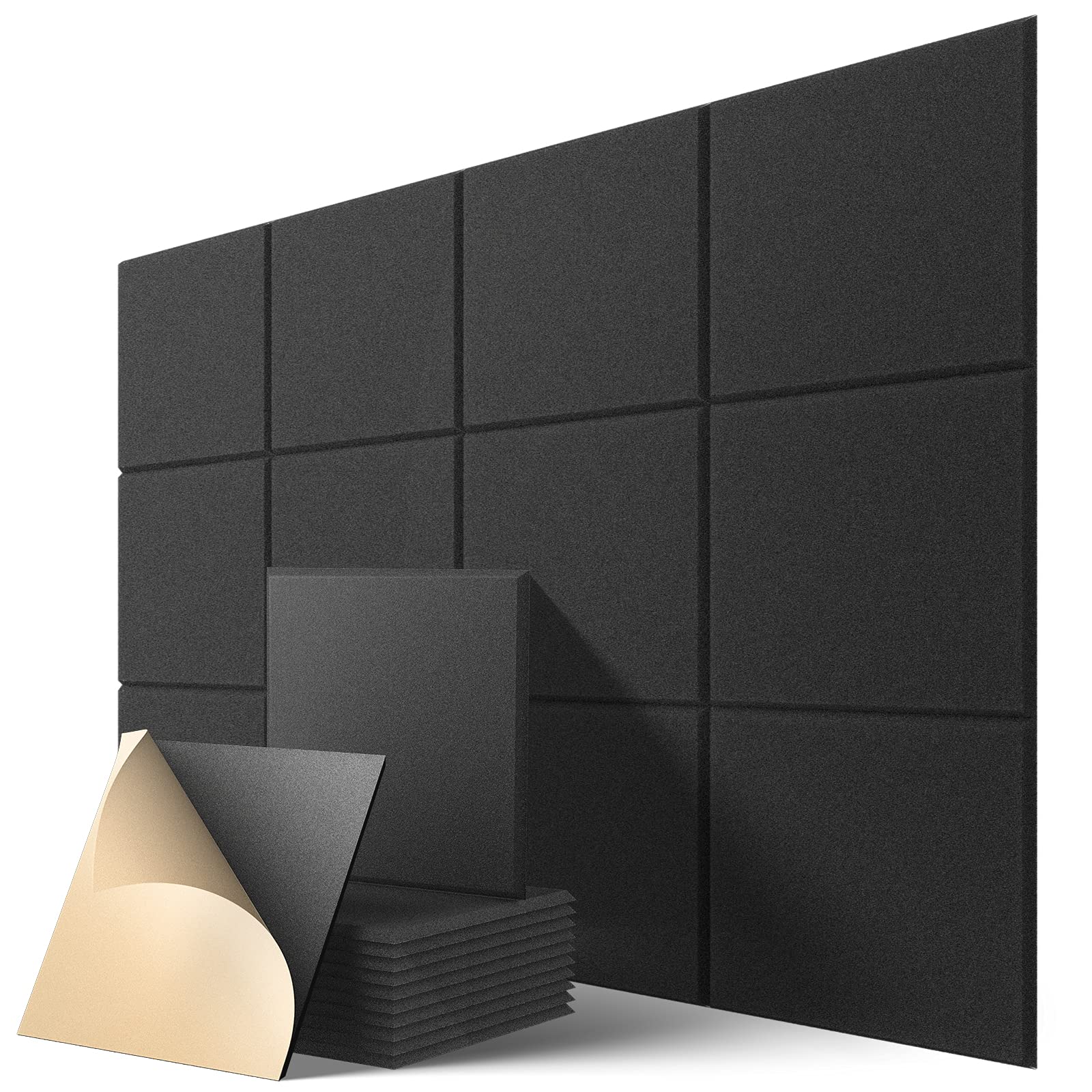Lebenforce Self-adhesive Acoustic Panels Tiles 12 Pack, 12" X 12" X 0.4" Polyester Sound Proof Padding, High Density Soundproof Wall Panels, Sound Absorbing panel for Home & Offices (Black)