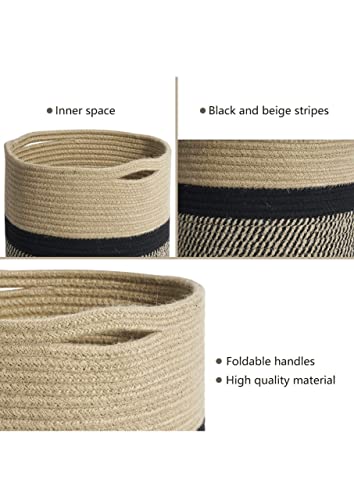 Medium woven Storage Basket Decorative Rope Basket Wooden Bead Decoration for Blankets,Toys,Clothes,Shoes,Plant Organizer Bin with Handles Living Room Home Decor, Jute.